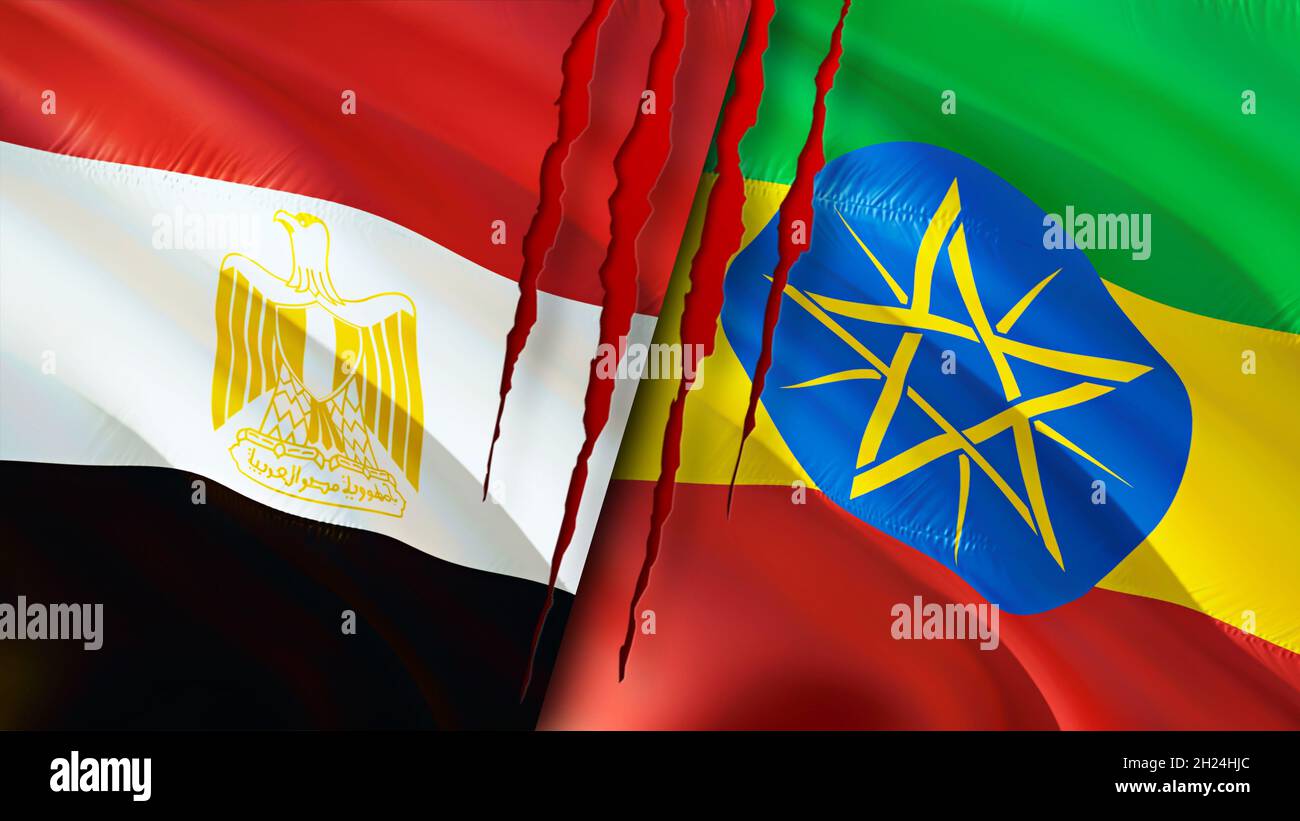 Egypt and Ethiopia flags with scar concept. Waving flag,3D rendering ...