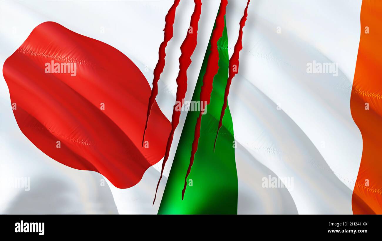 Japan and Ireland flags with scar concept. Waving flag,3D rendering ...