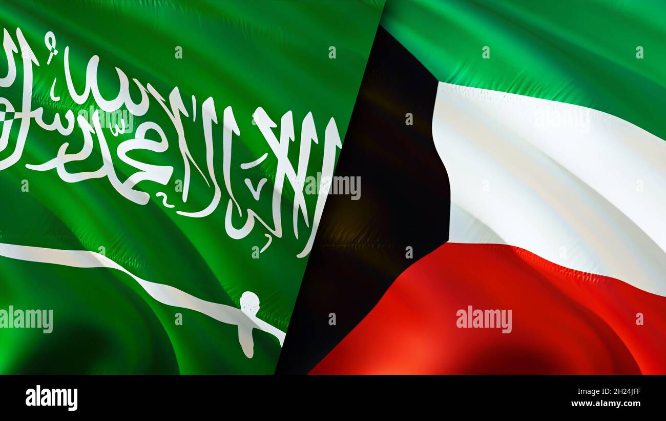 Saudi Arabia and Kuwait flags. 3D Waving flag design. Kuwait Saudi ...