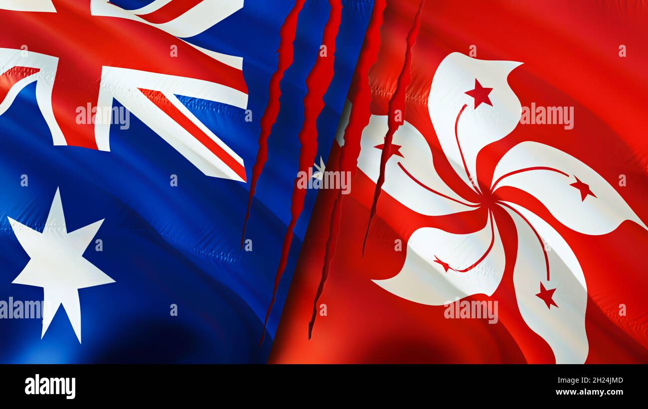 Australia and Hong Kong flags with scar concept. Waving flag 3D ...