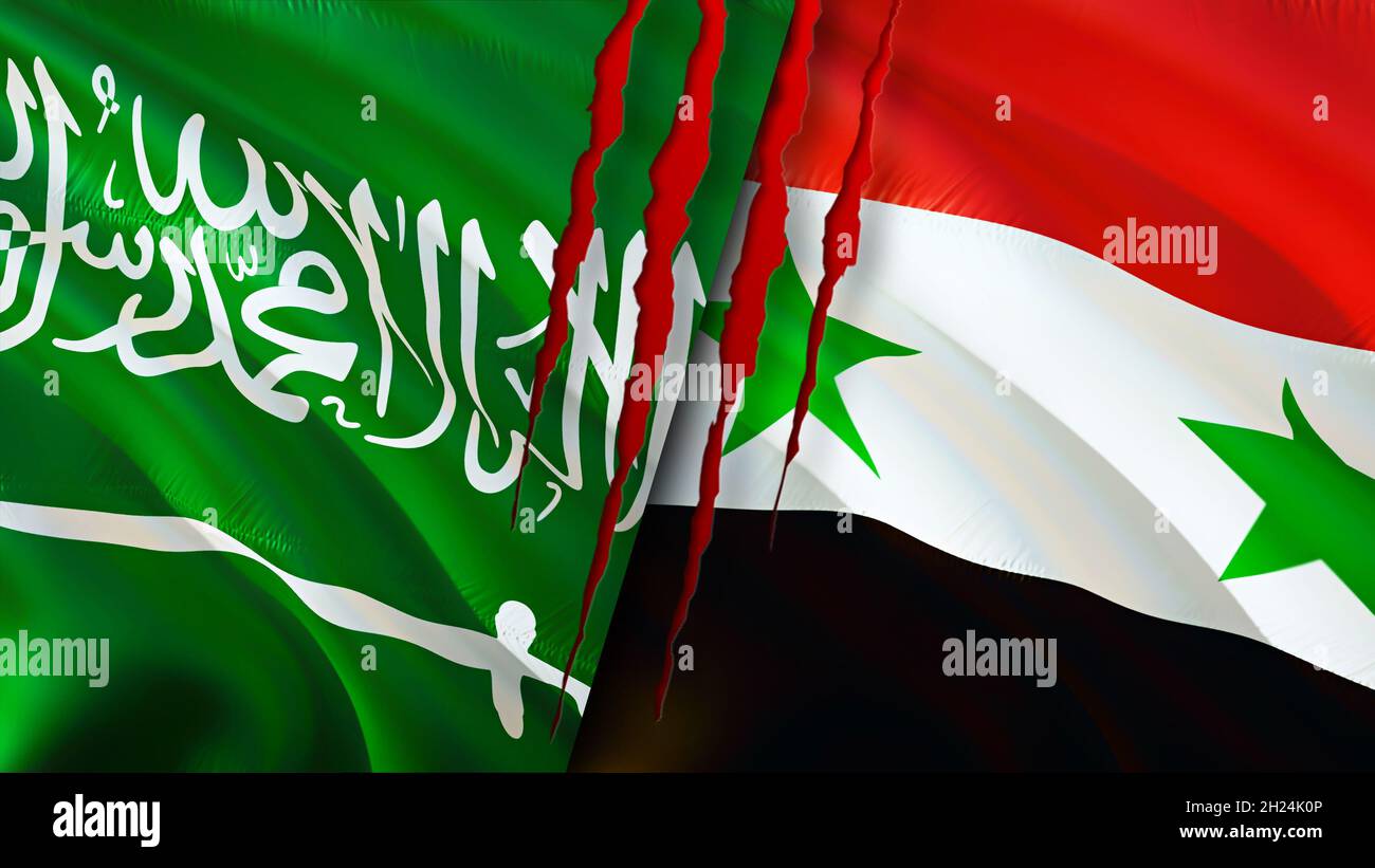 Saudi Arabia and Syria flags with scar concept. Waving flag,3D ...