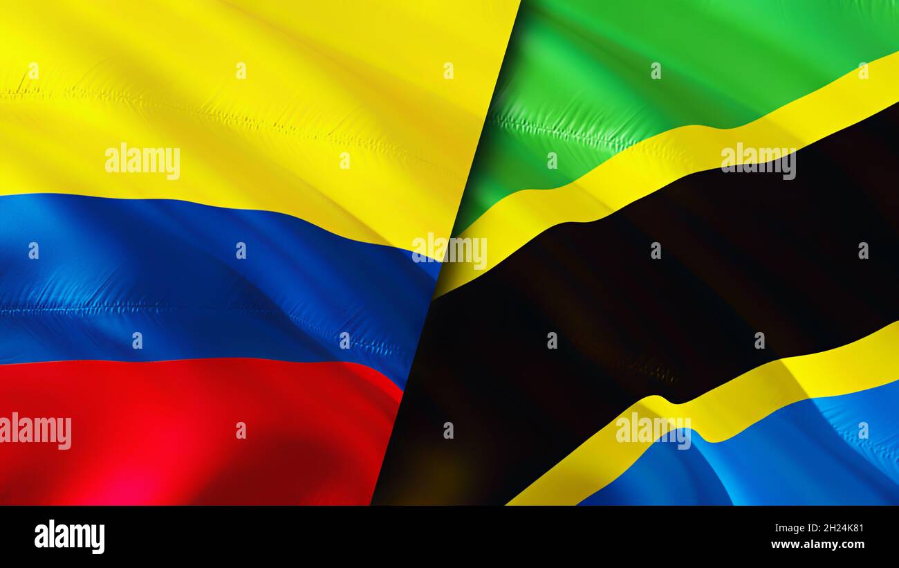 Colombia and Tanzania flags. 3D Waving flag design. Colombia Tanzania ...