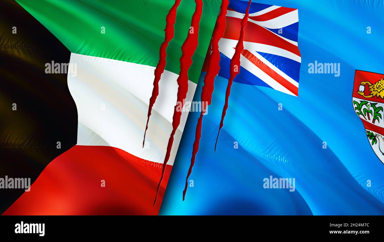 Kuwait and Fiji flags with scar concept. Waving flag,3D rendering. Fiji ...