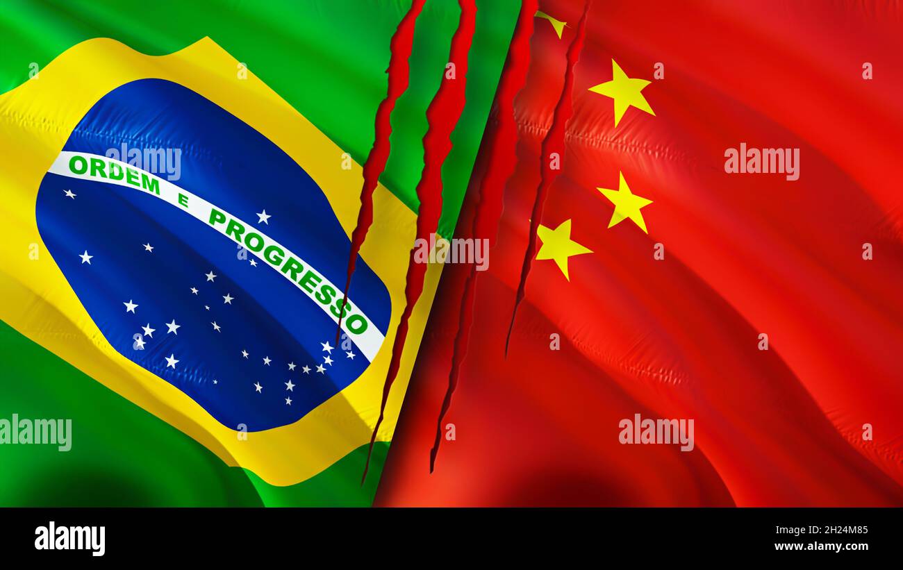 Brazil and China flags with scar concept. Waving flag 3D rendering ...