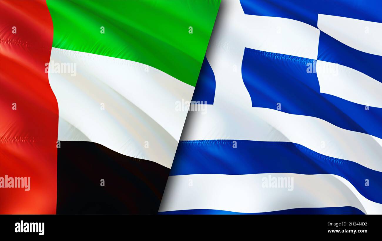 Emirates and Greece flags. 3D Waving flag design. Greece United Arab ...