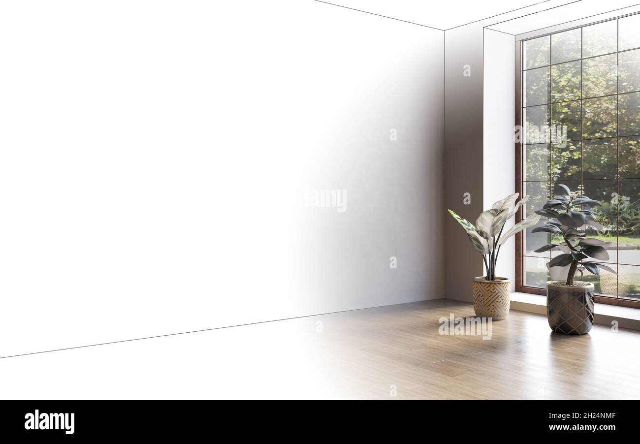 Interior with decorative indoor plants on empty wall background, 3D ...