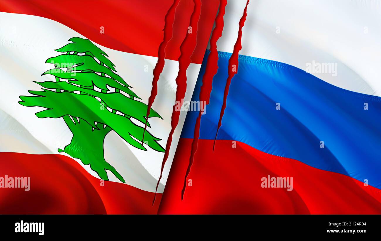Lebanon and Russia flags with scar concept. Waving flag,3D rendering ...
