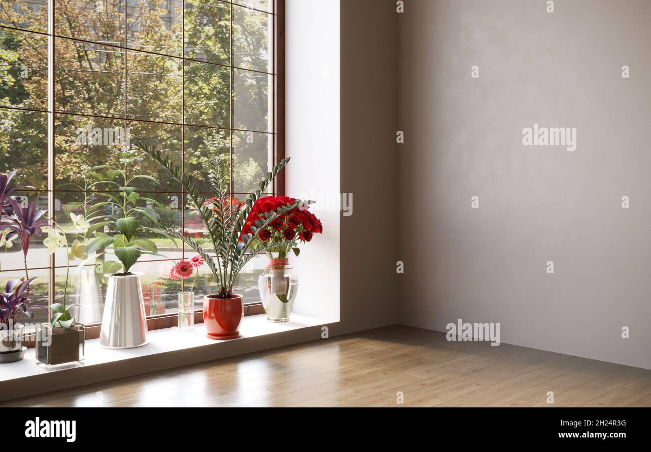 Interior with decorative indoor plants on empty wall background, 3D ...