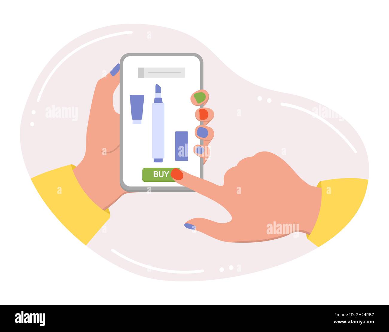 Vector illustration Hands hold cell phone. Person makes an order and ...