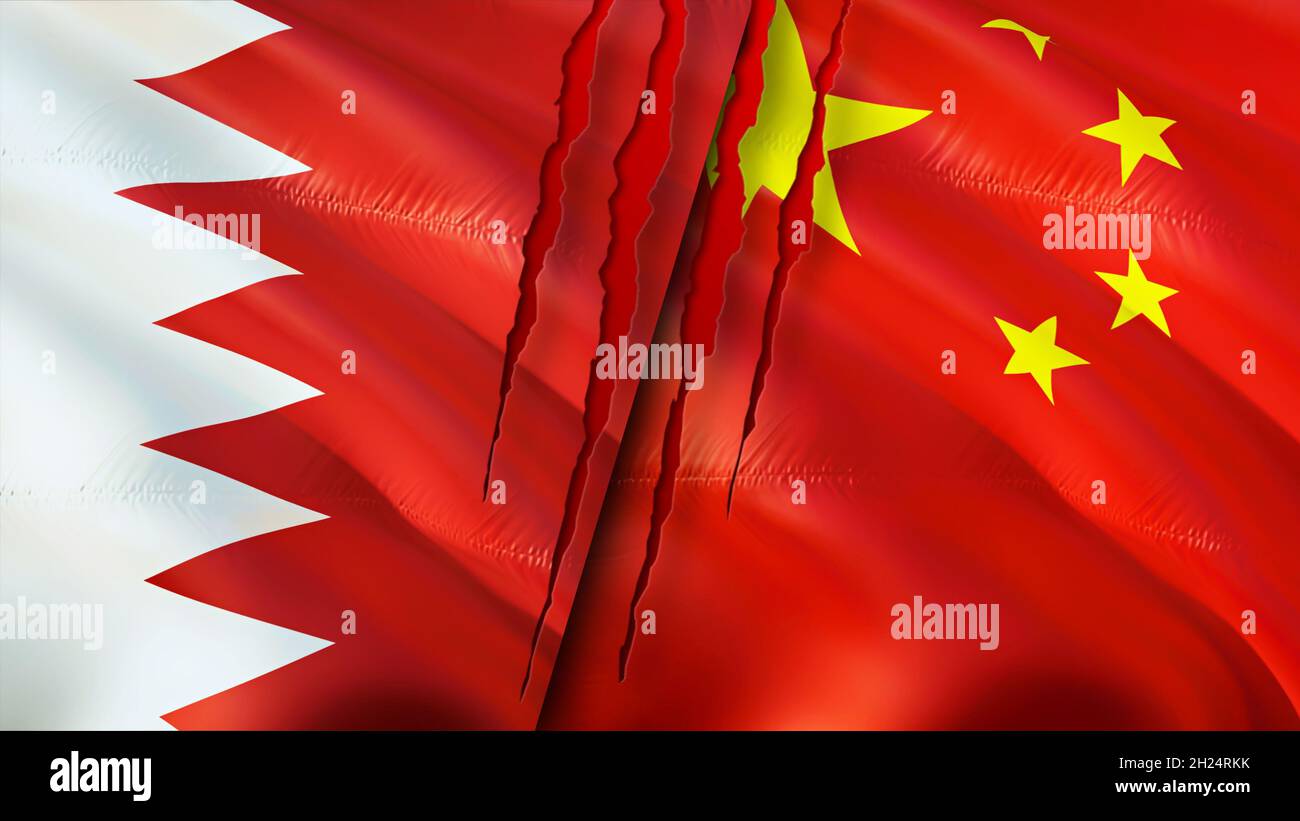 Bahrain and China flags with scar concept. Waving flag,3D rendering ...