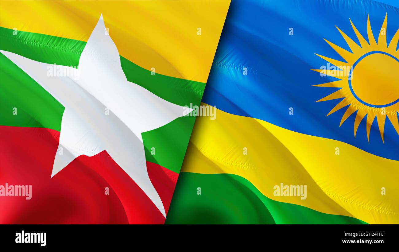 Myanmar and Rwanda flags. 3D Waving flag design. Rwanda Myanmar flag ...