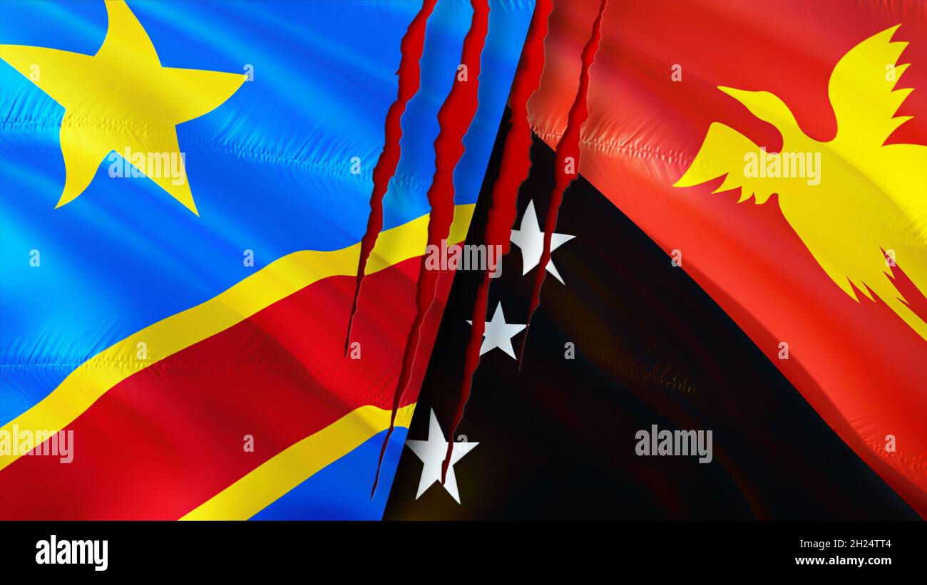 DR Congo and Papua New Guinea flags with scar concept. Waving flag,3D ...