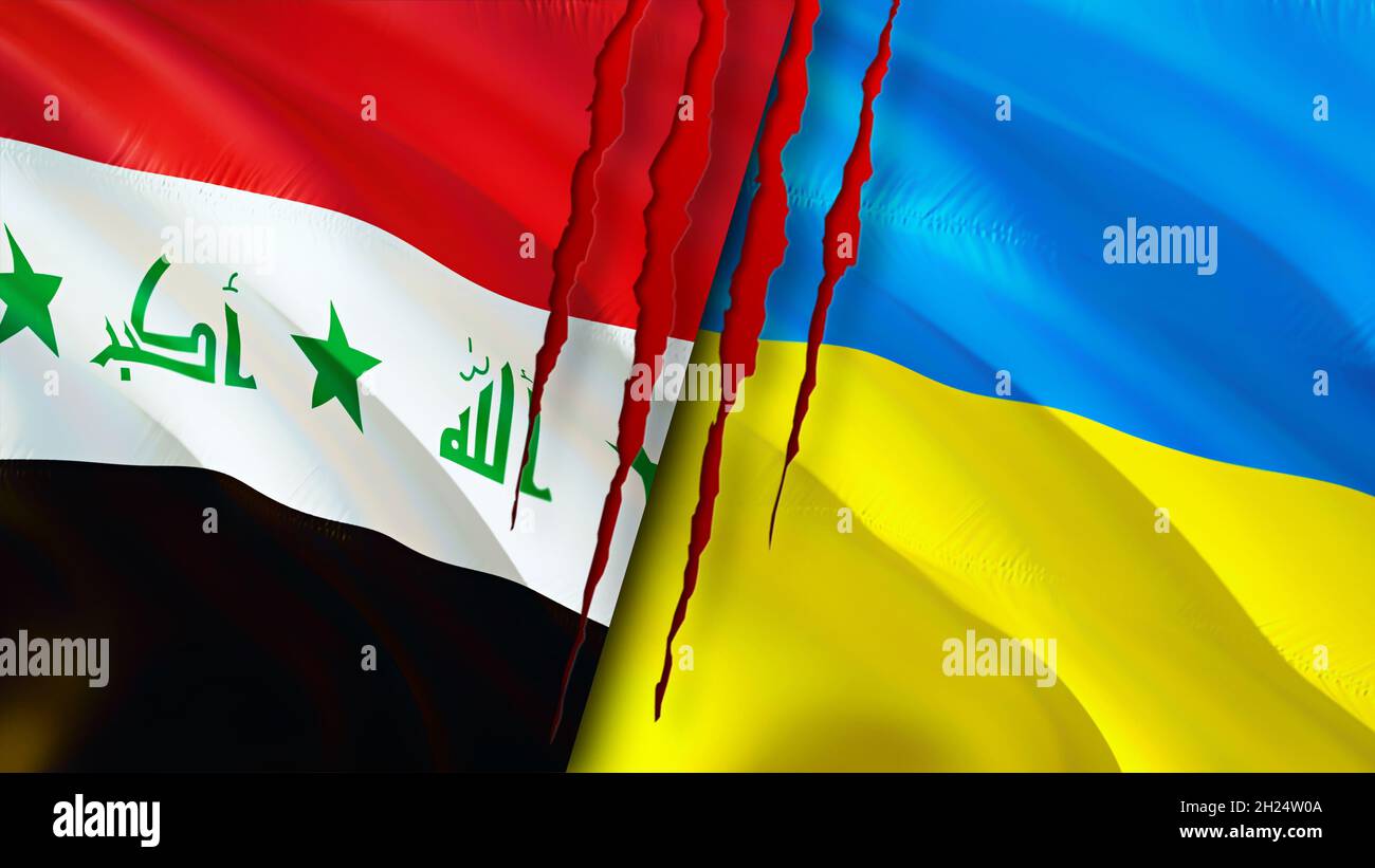 Iraq and Ukraine flags with scar concept. Waving flag,3D rendering ...