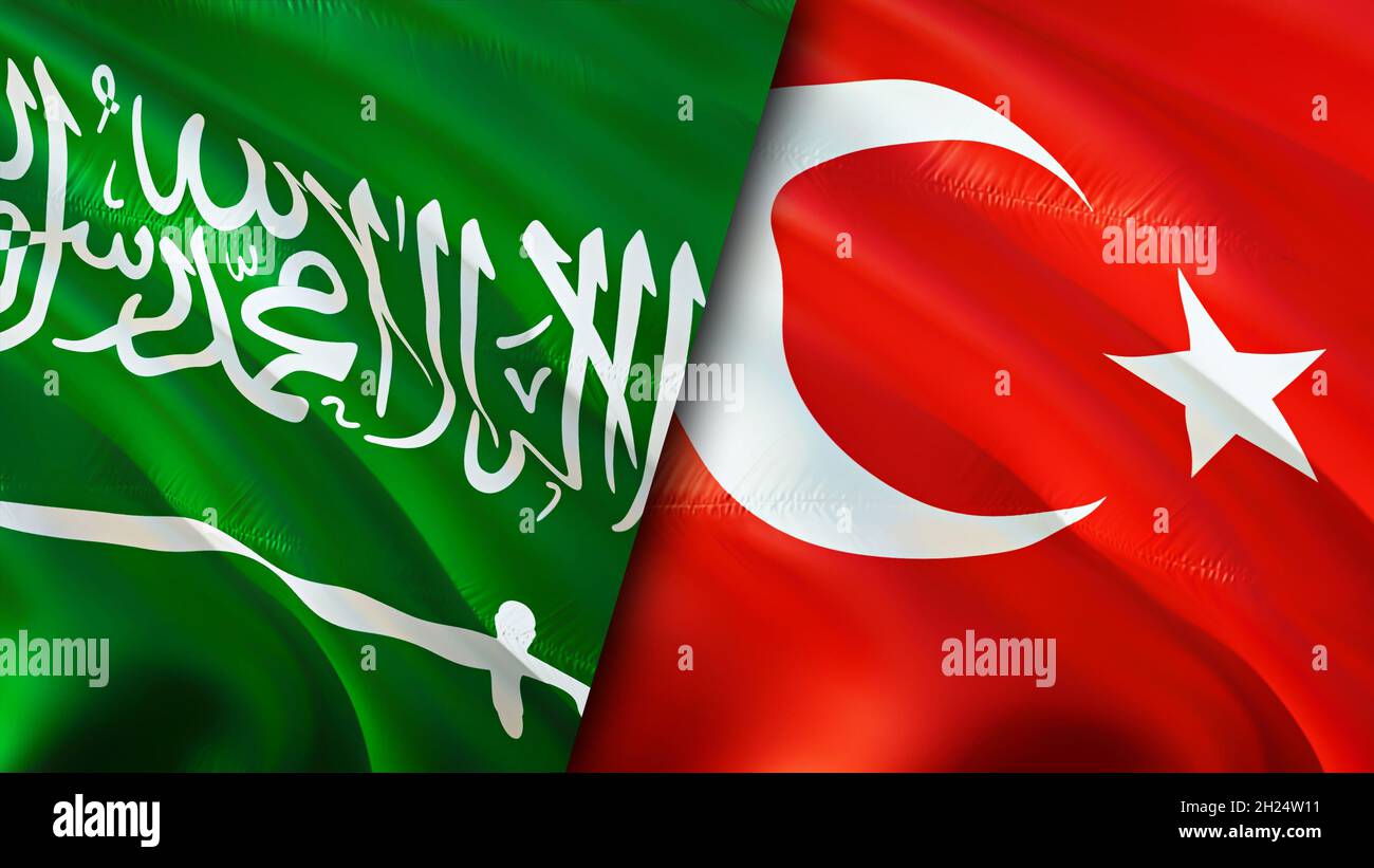 Saudi Arabia and Turkey flags. 3D Waving flag design. Turkey Saudi ...