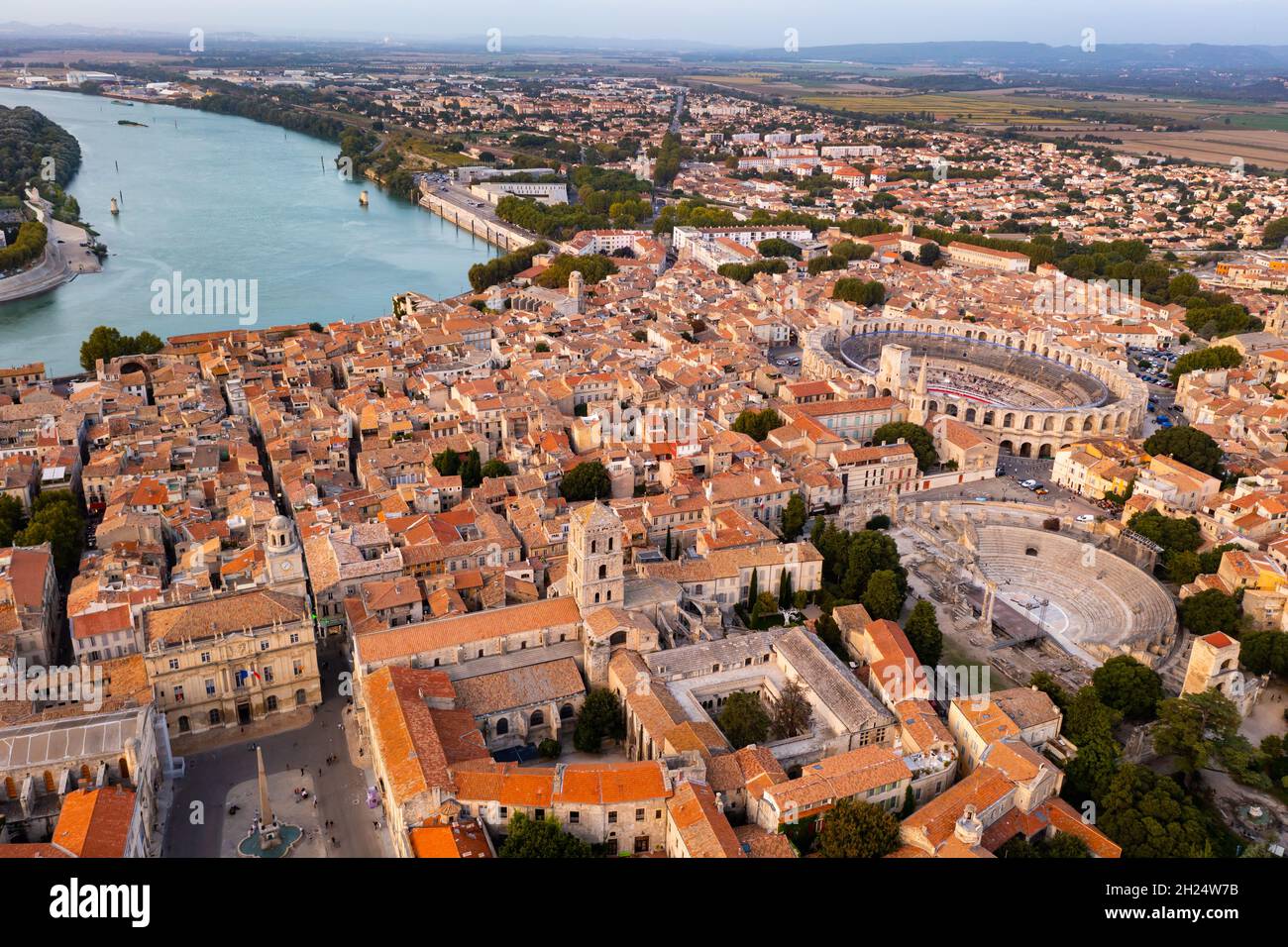 View from drone of ancient city Arles and roman amphitheatre, France Stock Photo - Alamy