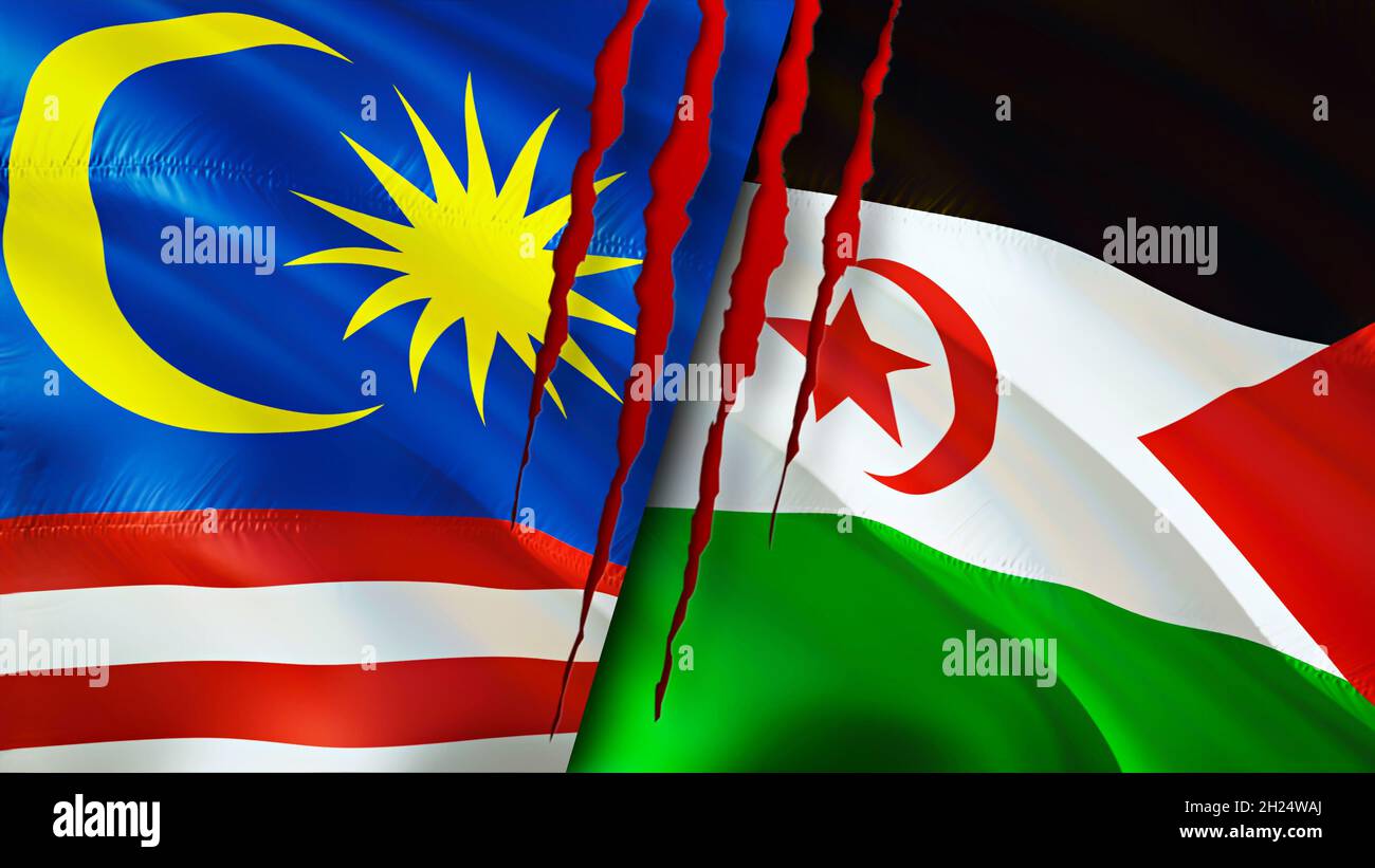 Malaysia and Western Sahara flags with scar concept. Waving flag,3D ...