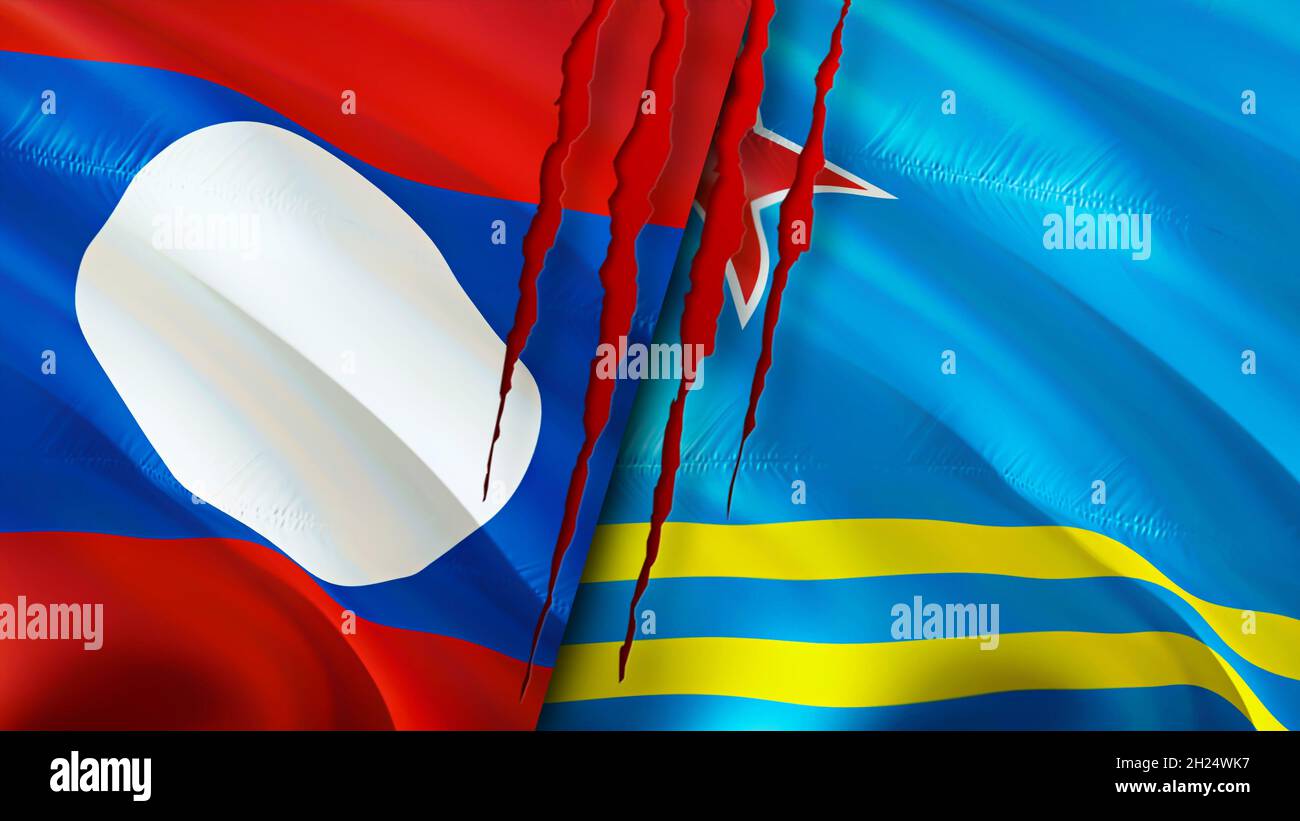 Laos and Aruba flags with scar concept. Waving flag,3D rendering. Laos ...