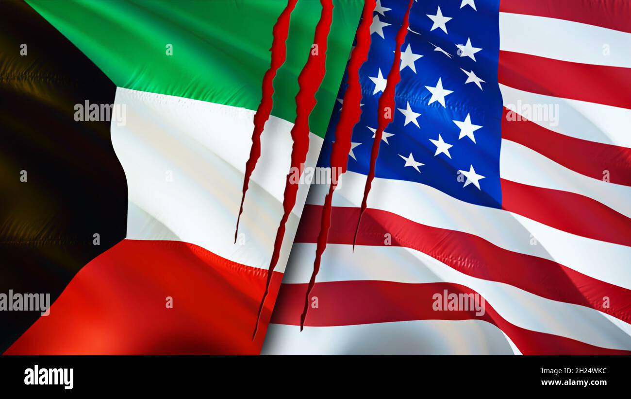 Kuwait and USA flags with scar concept. Waving flag,3D rendering. USA ...