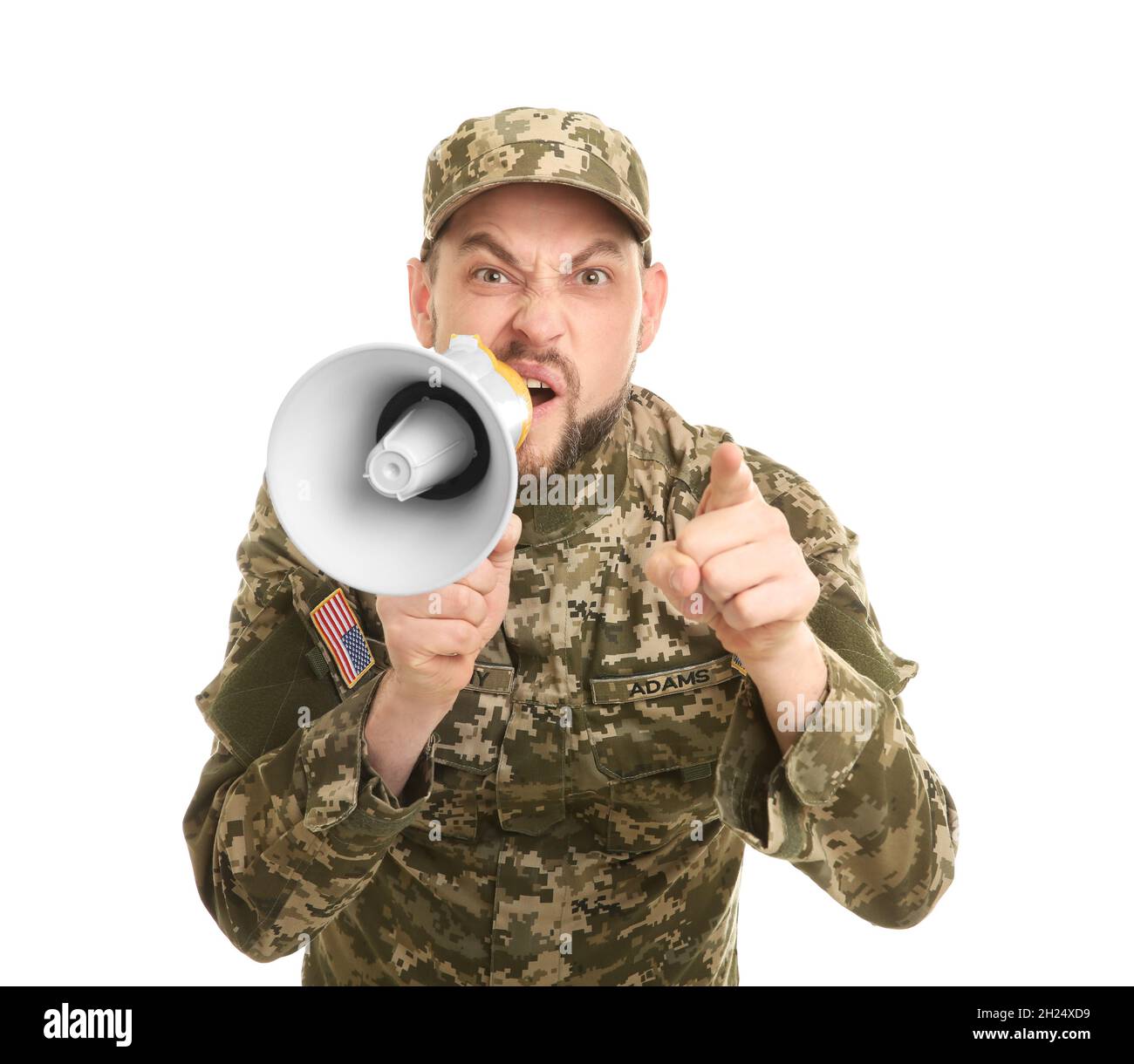 Military man shouting into megaphone on white background Stock Photo ...