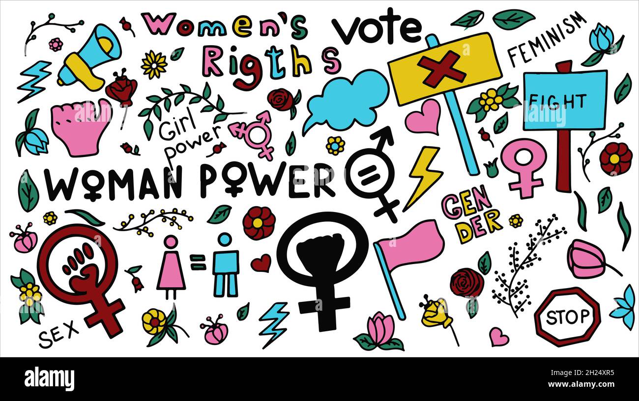 A Set Of Doodle Signs Of Feminism Women S Rights Grunge Hand Drawn