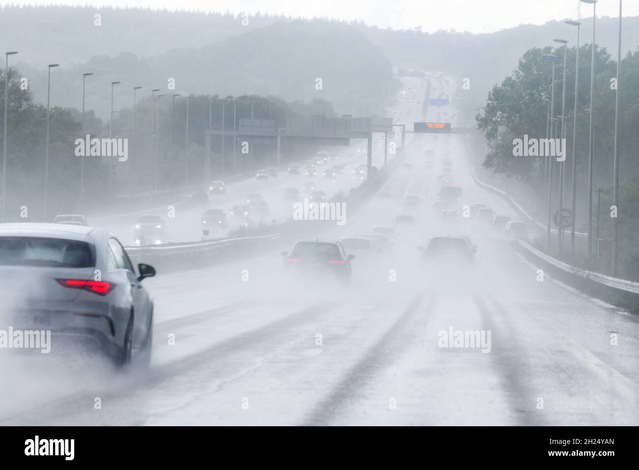 Traffic on the A13 motorway, between Rouen and Paris, on a rainy day ...