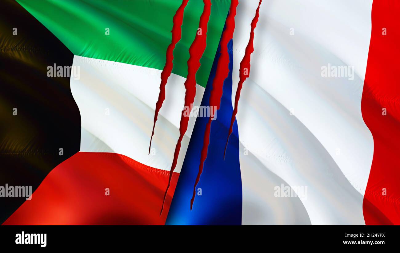 Kuwait and France flags with scar concept. Waving flag,3D rendering ...