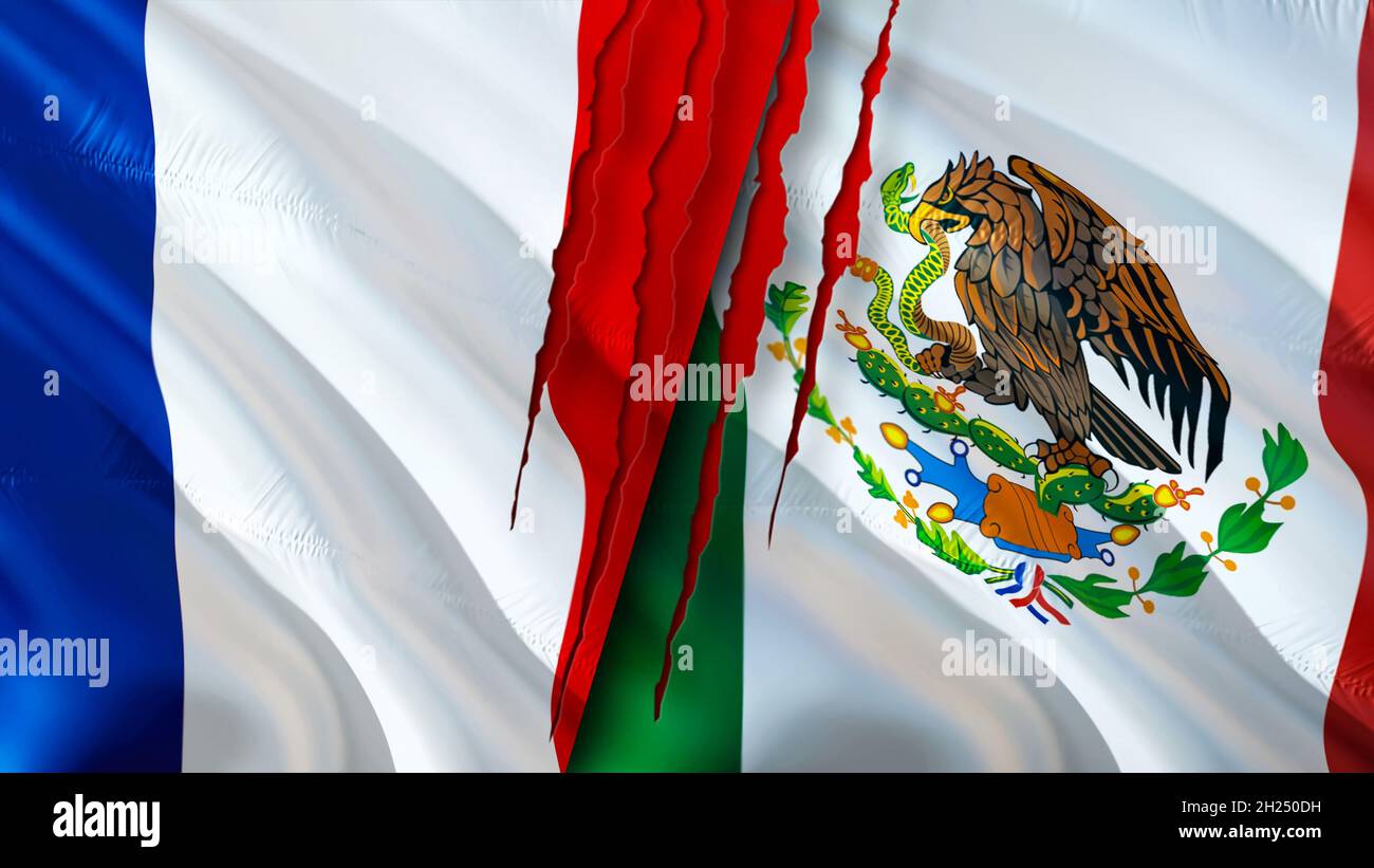 France and Mexico flags with scar concept. Waving flag,3D rendering ...