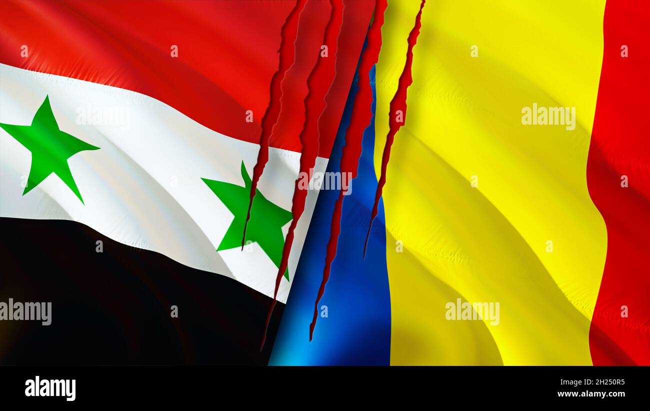 Syria and Romania flags with scar concept. Waving flag,3D rendering ...
