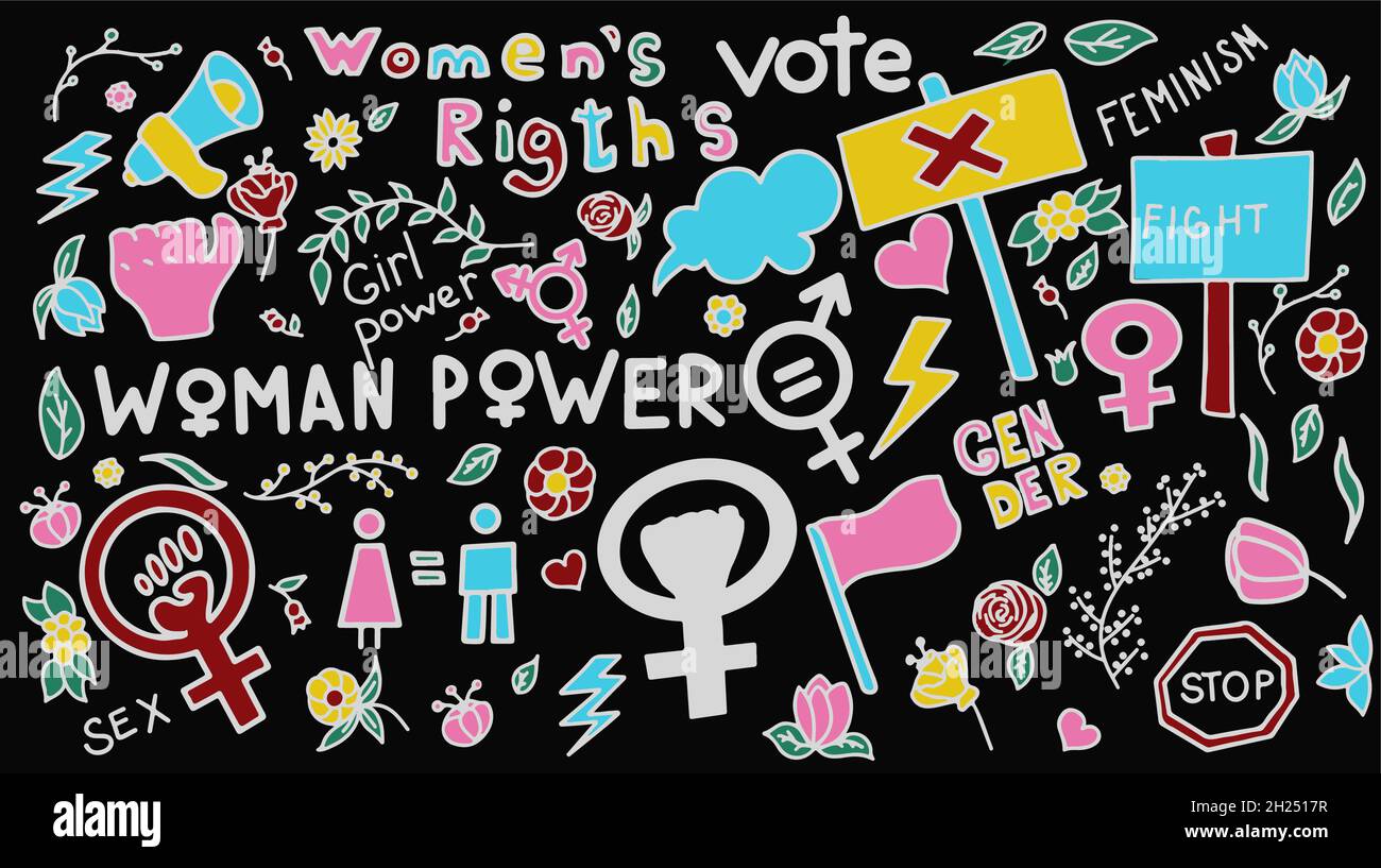 A set of doodle signs of feminism, women s rights. Grunge hand drawn ...