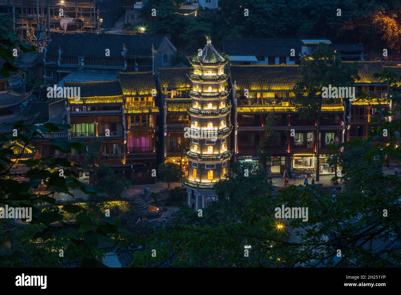 The Wanming Pagoda in the ancient town of Fenghuang at night. China ...