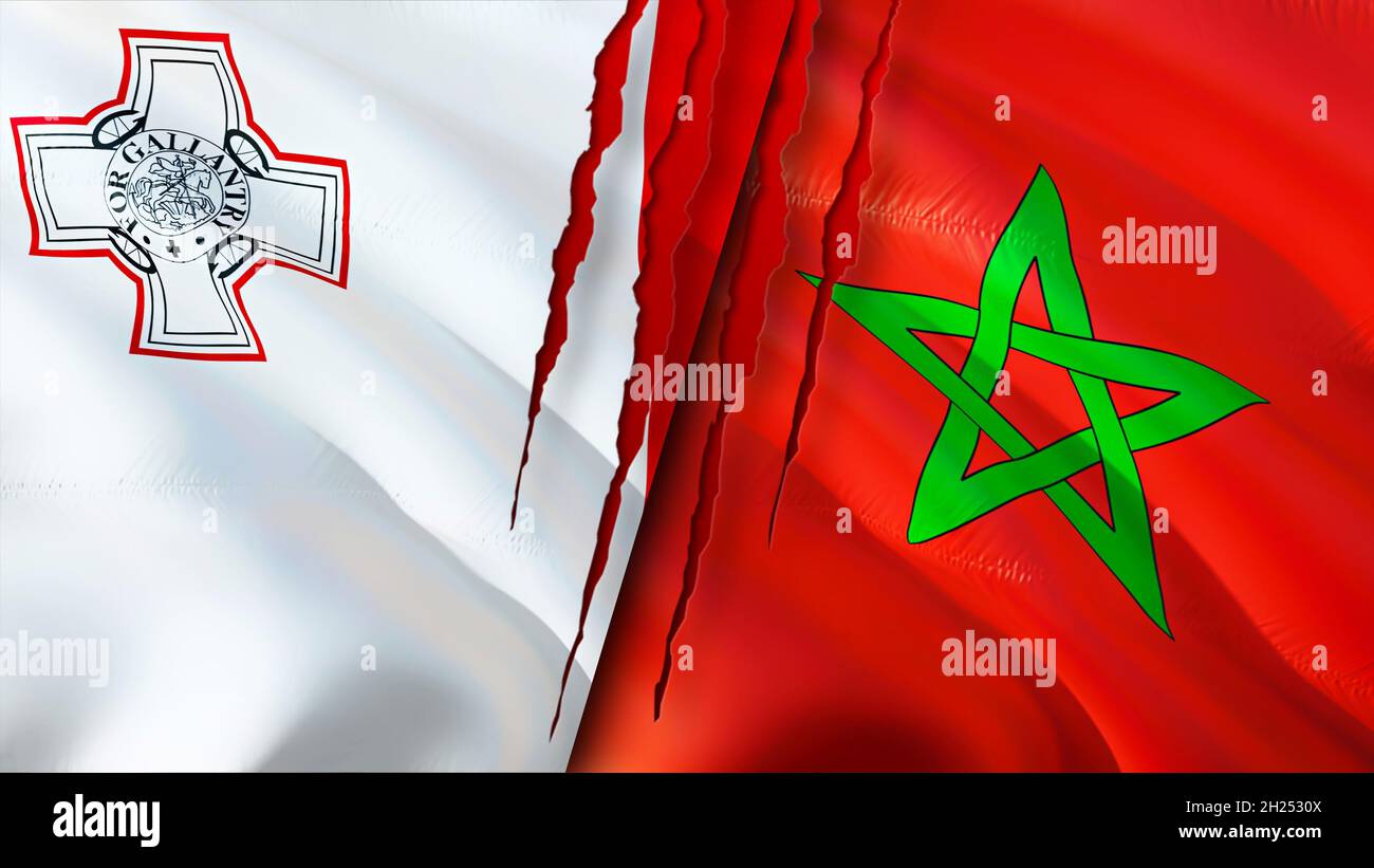 Malta and Morocco flags with scar concept. Waving flag,3D rendering ...