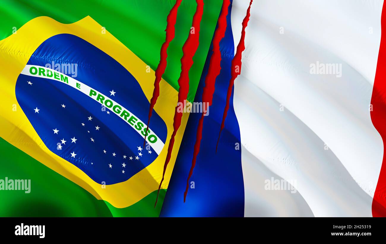 Brazil and France flags with scar concept. Waving flag 3D rendering ...
