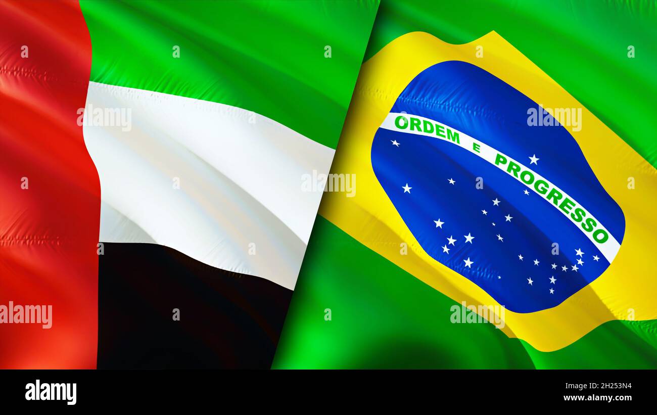 Emirates and Brazil flags. 3D Waving flag design. Brazil United Arab ...