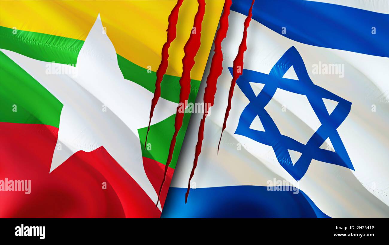 Myanmar and Israel flags with scar concept. Waving flag,3D rendering ...
