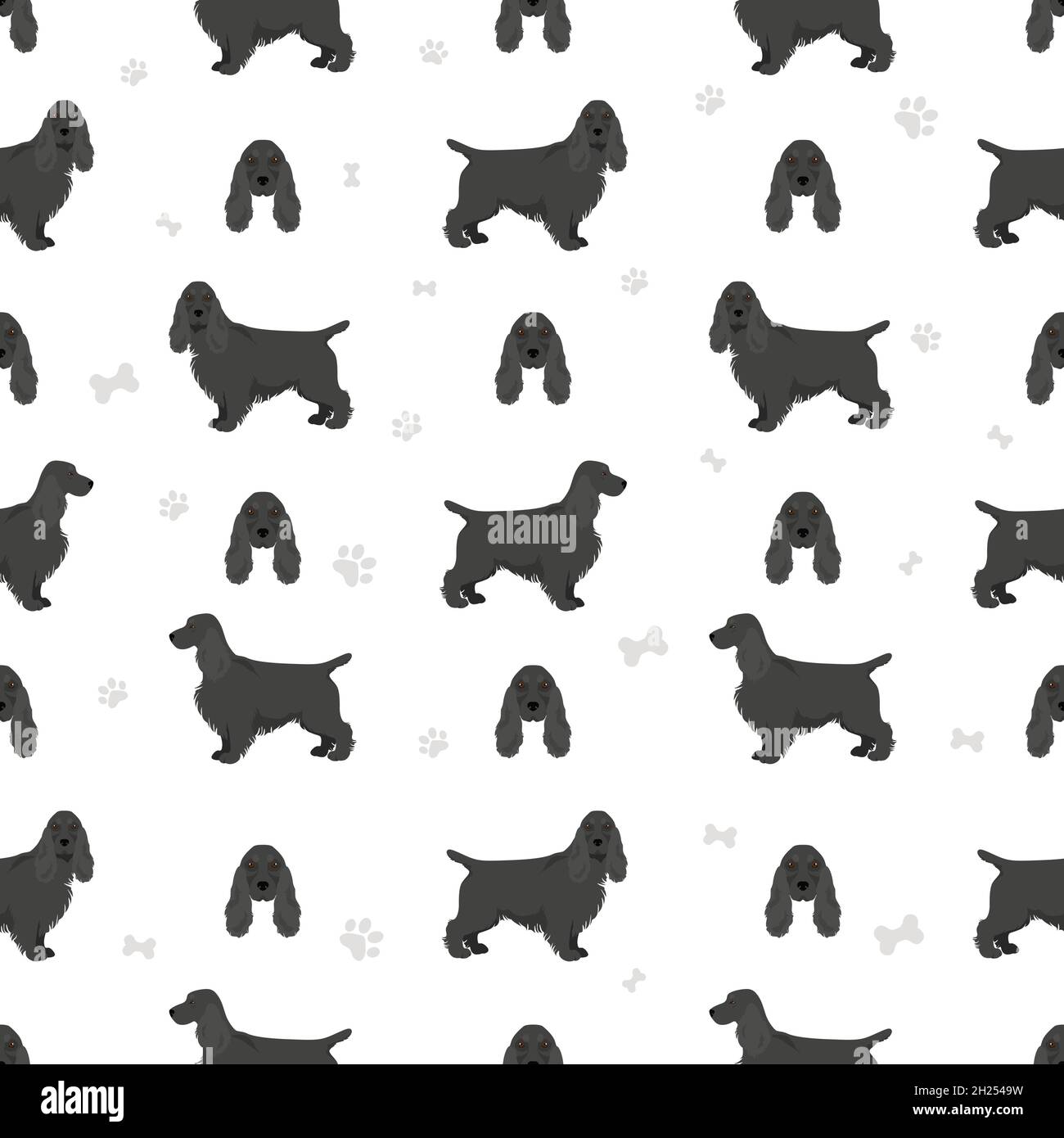 English cocker spaniel seamless pattern. Different poses, coat colors ...