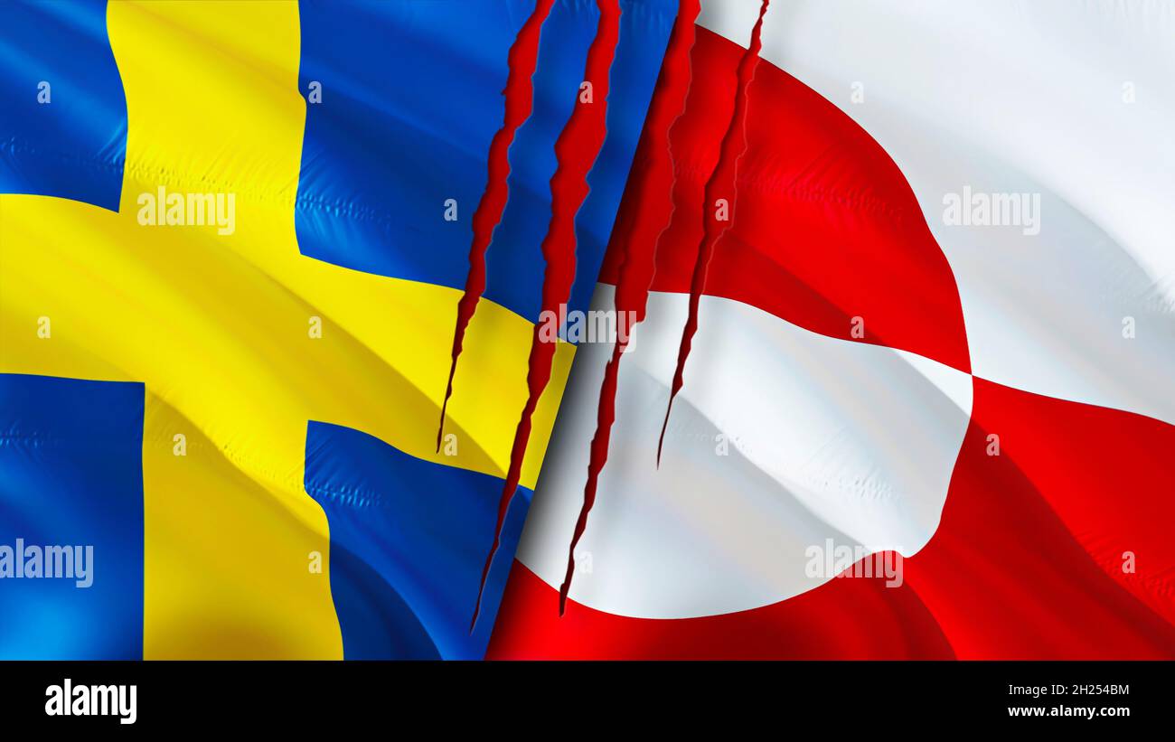 Sweden and Greenland flags with scar concept. Waving flag,3D rendering ...