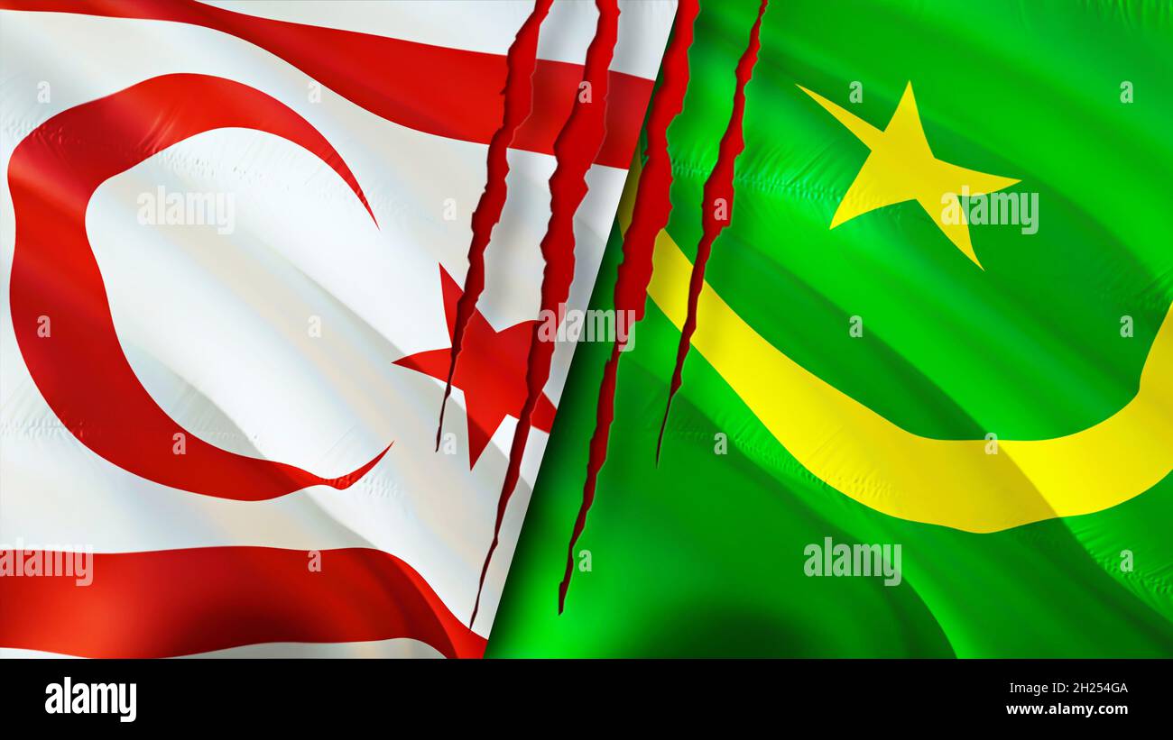 Northern Cyprus and Mauritania flags with scar concept. Waving flag,3D ...