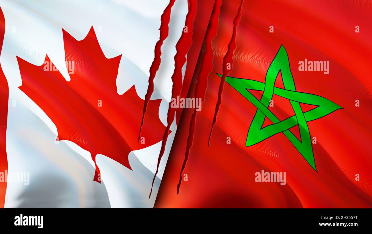 Canada and Morocco flags with scar concept. Waving flag,3D rendering ...