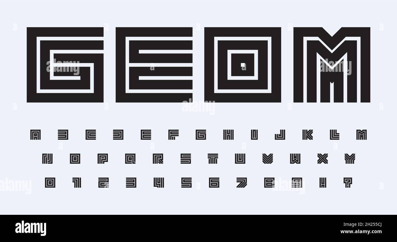 Square geometric alphabet, bold contours square letters and numbers set ...