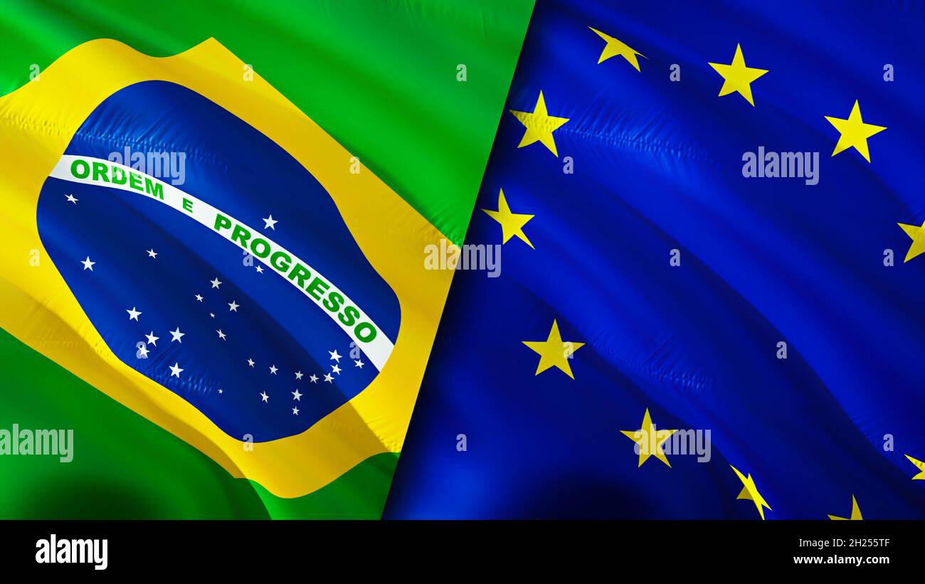 Brazil and European Union flags. 3D Waving flag design. Brazil European ...