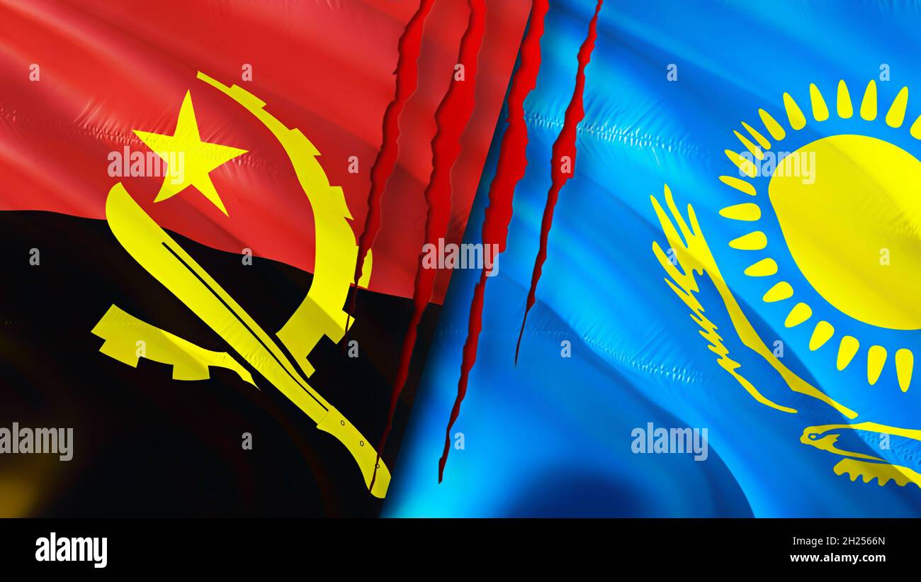 Angola and Kazakhstan flags with scar concept. Waving flag 3D rendering. Angola and Kazakhstan ...