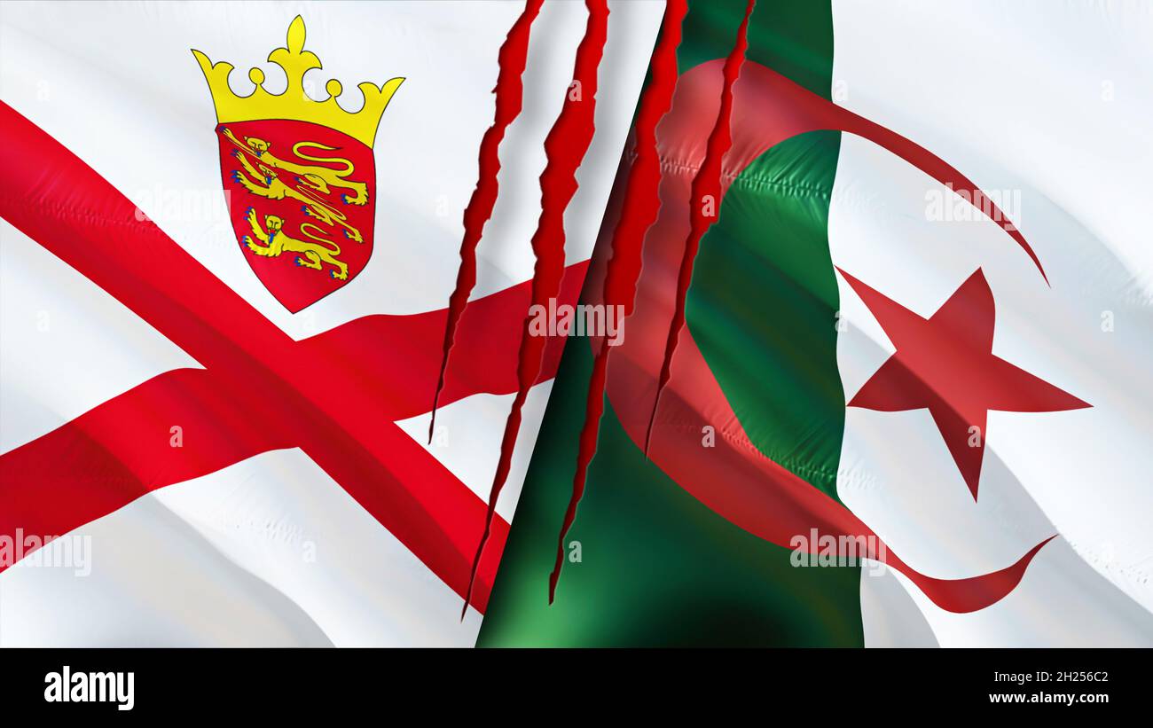 Jersey and Algeria flags with scar concept. Waving flag,3D rendering ...