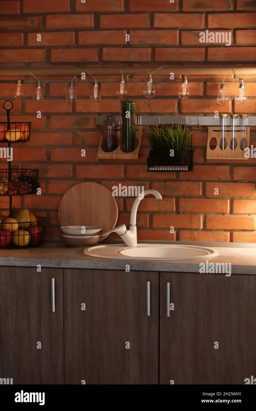 Modern kitchen interior setting. Idea for home design Stock Photo - Alamy