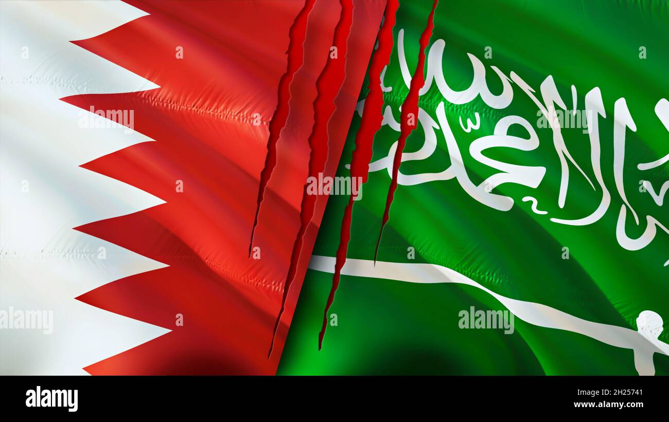 Bahrain and Saudi Arabia flags with scar concept. Waving flag,3D ...