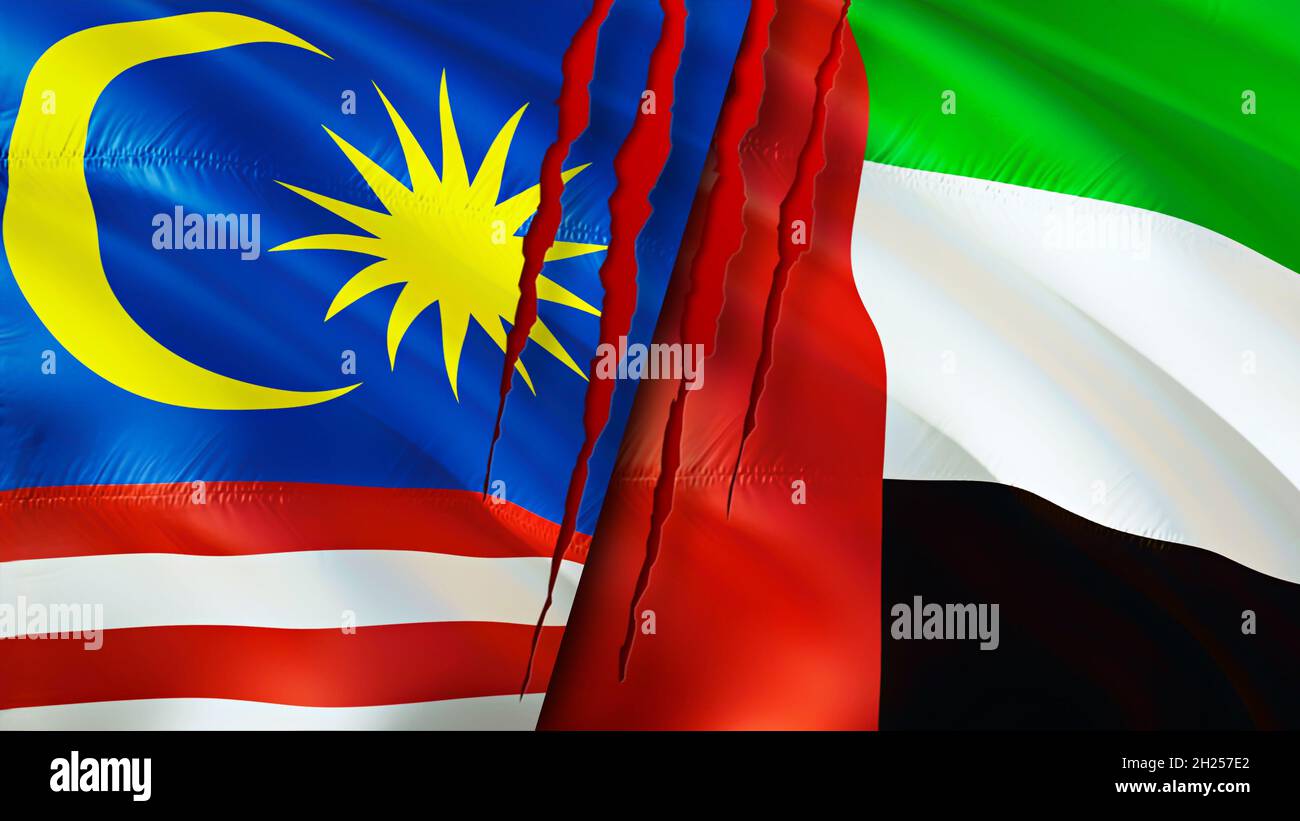 Malaysia and United Arab Emirates flags with scar concept. Waving flag ...