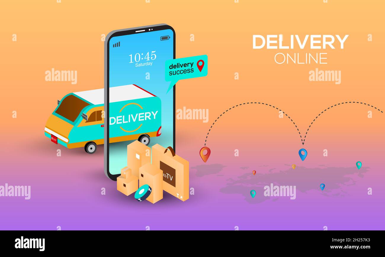 Isometric online delivery shopping vector template with delivery car ...