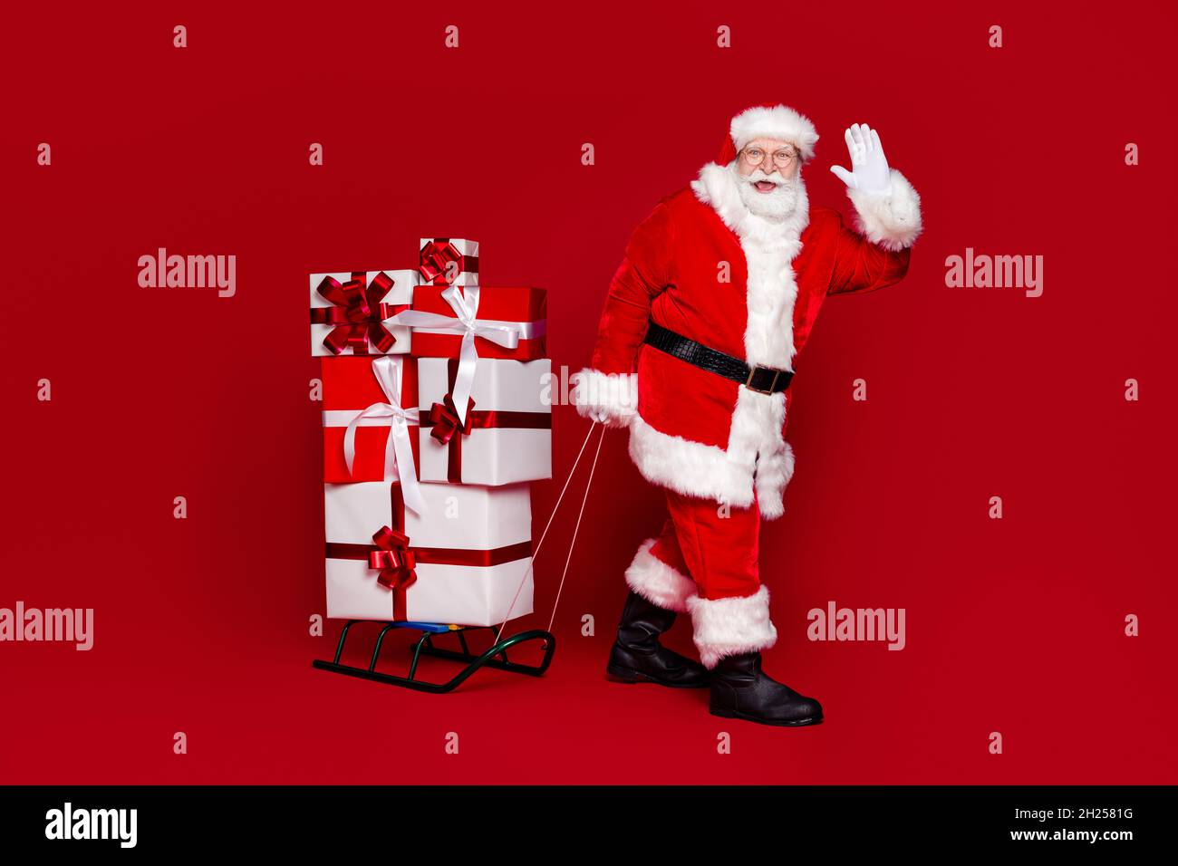 Photo of funky cheerful retired man wear santa claus costume spectacles ...