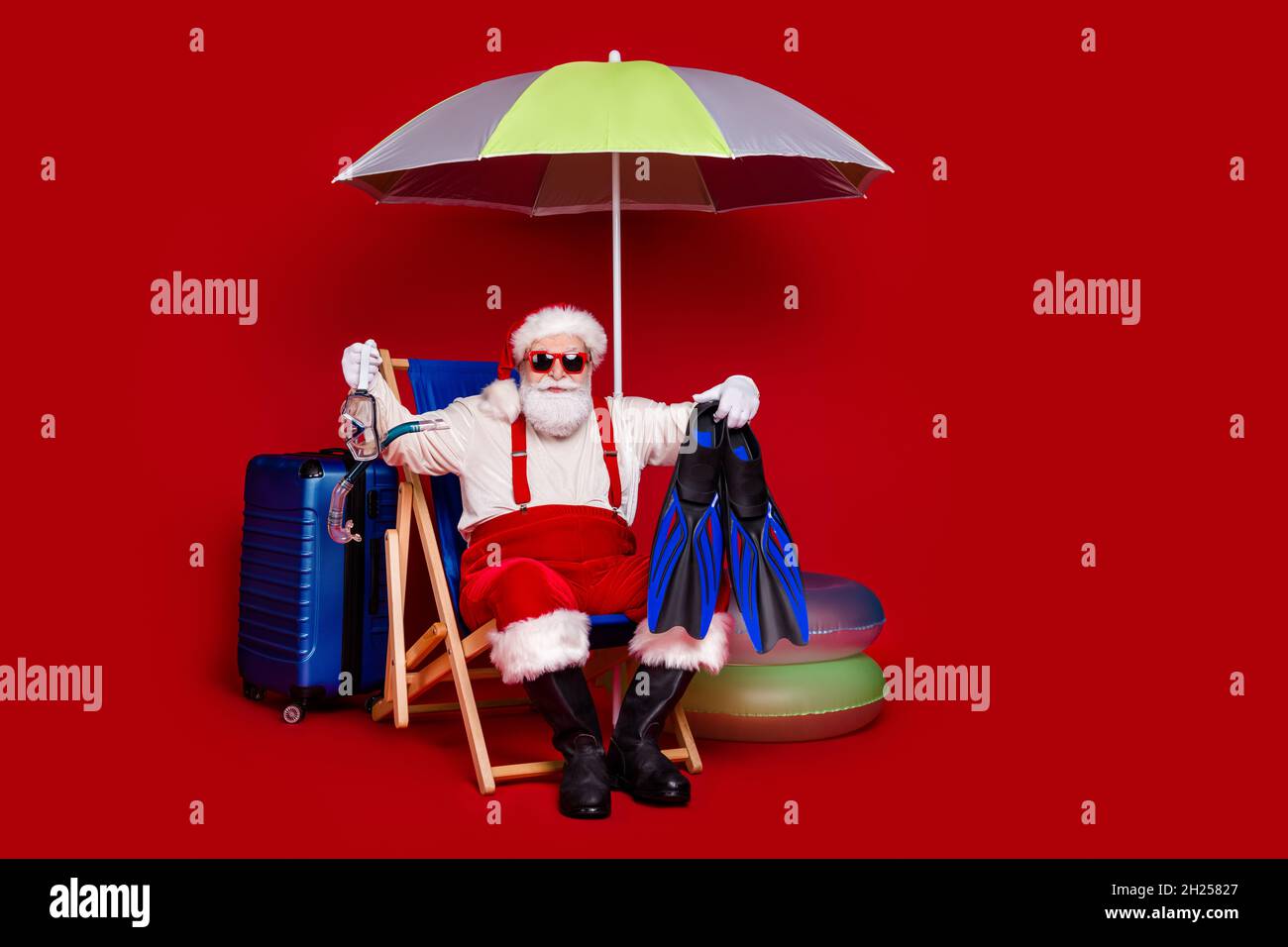 Photo of fat excited man pensioner dressed santa claus costume sitting ...
