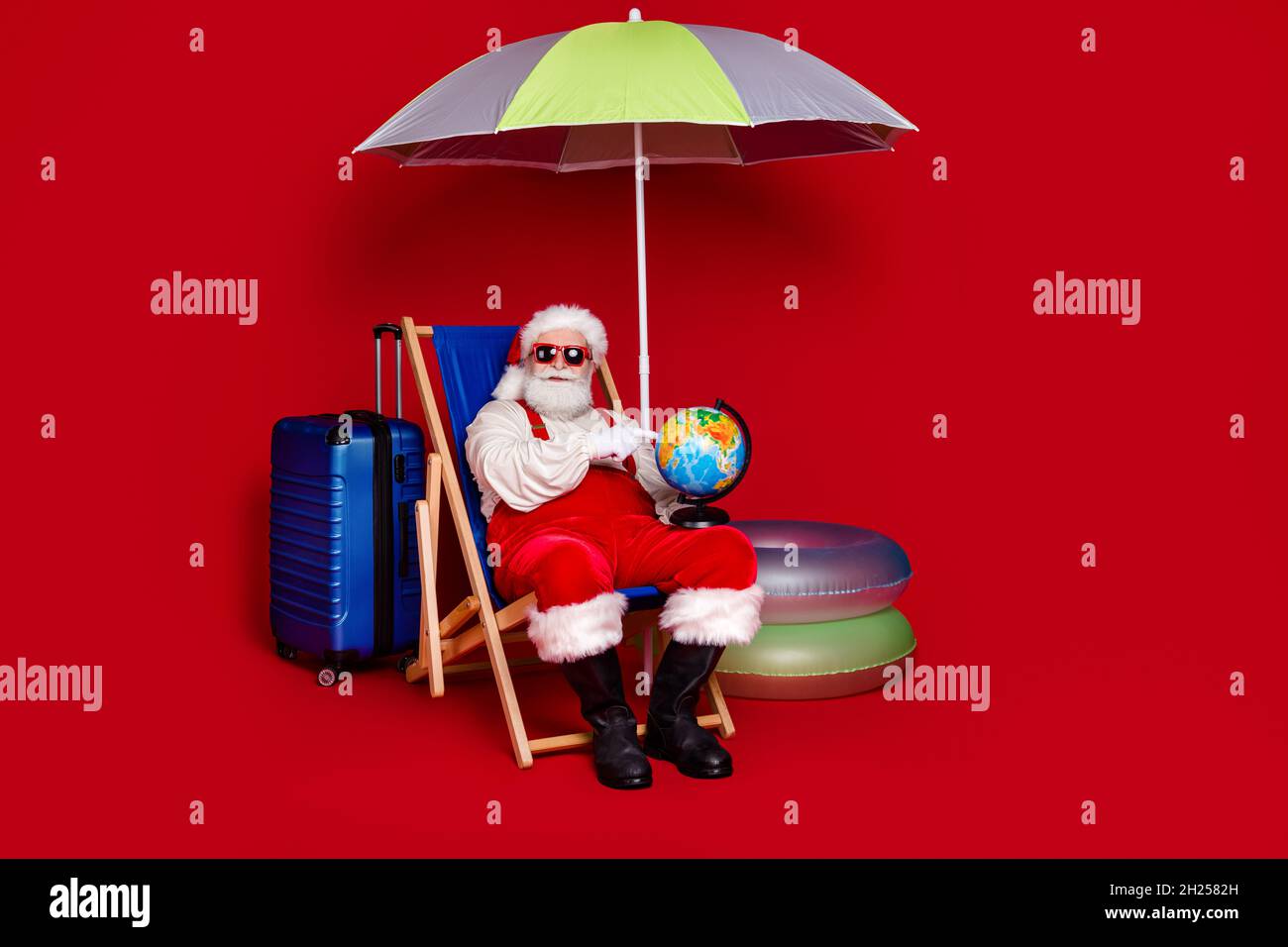 Photo of funny cool retired man wear santa claus costume smiling ...