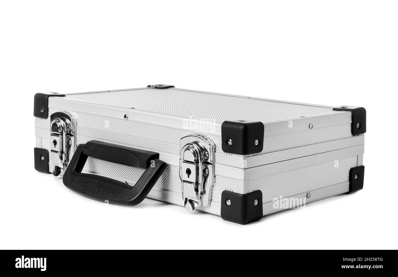 Stylish aluminum hard case on white background Stock Photo - Alamy